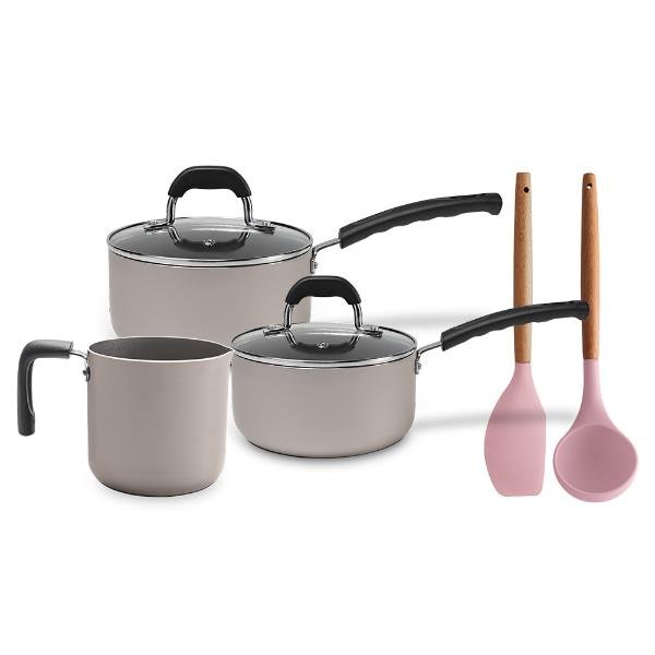 Kit panelas Brinox Saffron com utensílios 5 peças champanhe - Camicado