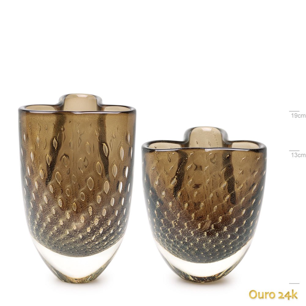 Par de Vasinhos Trevo 2 e 3 Tela Fumê com Ouro Murano Cristais Cadoro ...