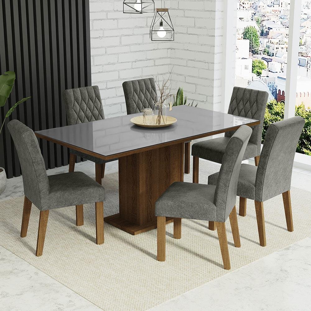 Conjunto Sala de Jantar Mesa Tampo de Vidro 6 Cadeiras Rustic/Cinza ...