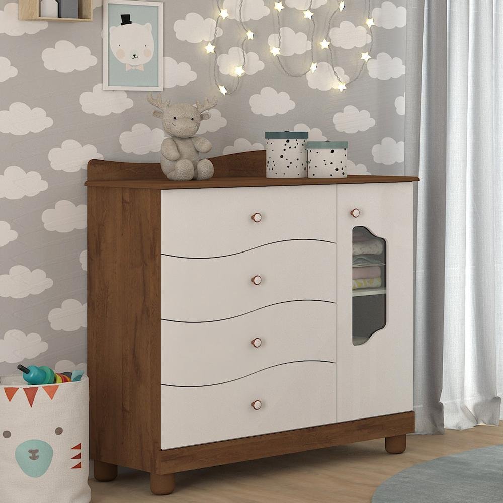 Comoda Bebê Branca Marrom Infantil MDF Provençal 4 Gavetas Corrediças ...