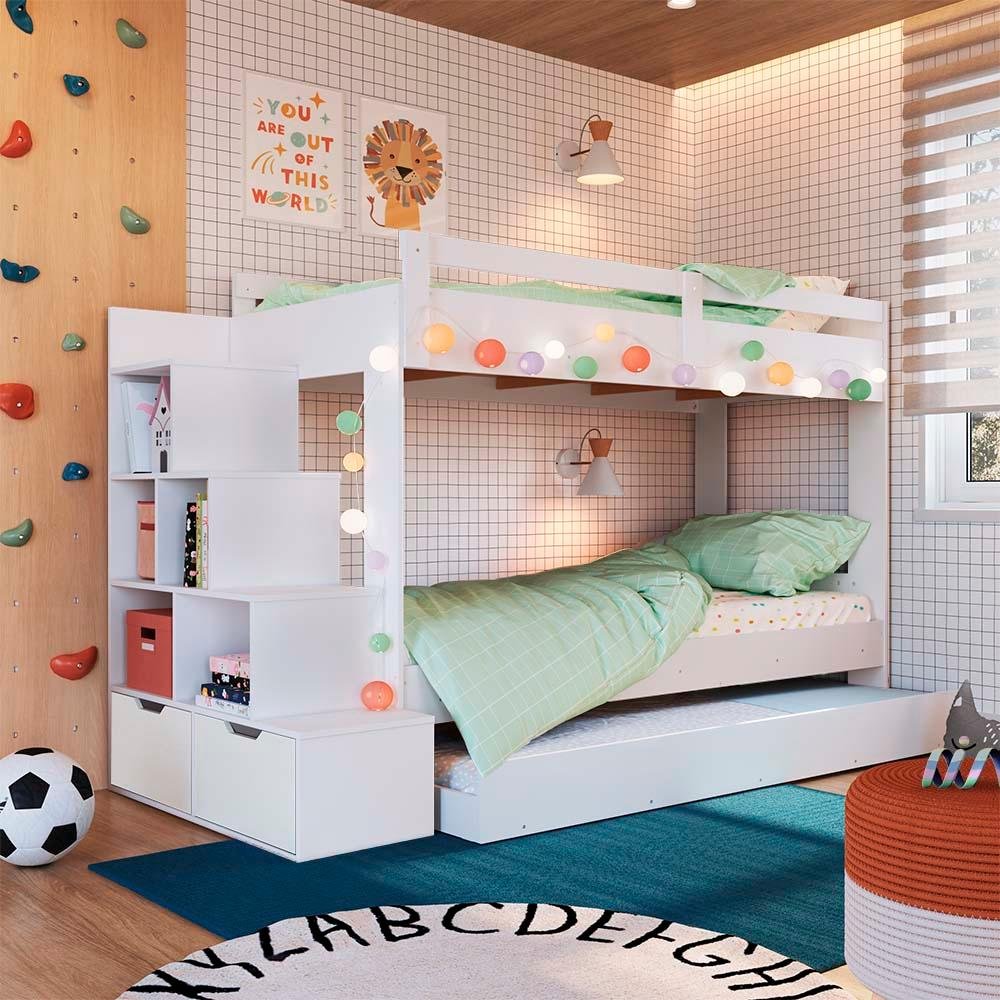 Treliche Infantil Solteiro Com Escada E Cama Auxiliar Branco Dermott ...