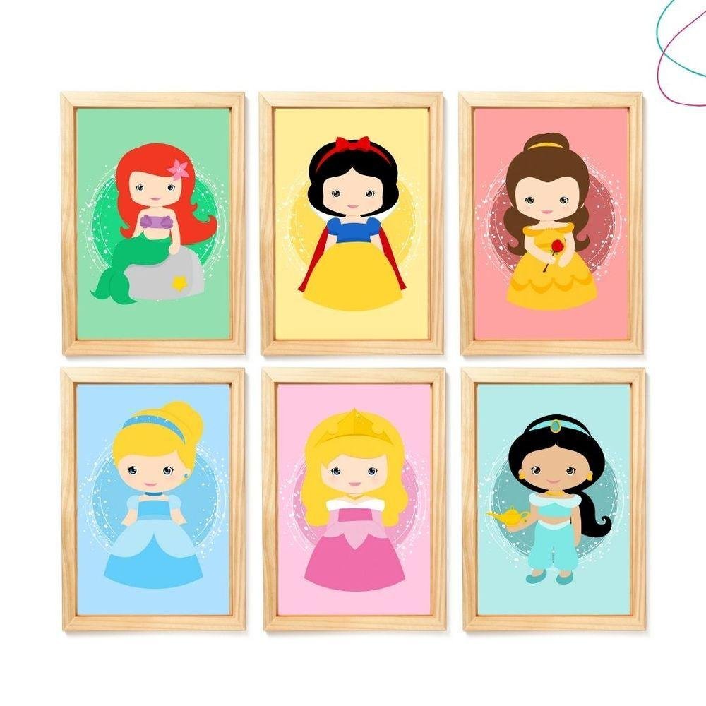 6 Quadros Infantil Princesas Cute Pinus - Camicado