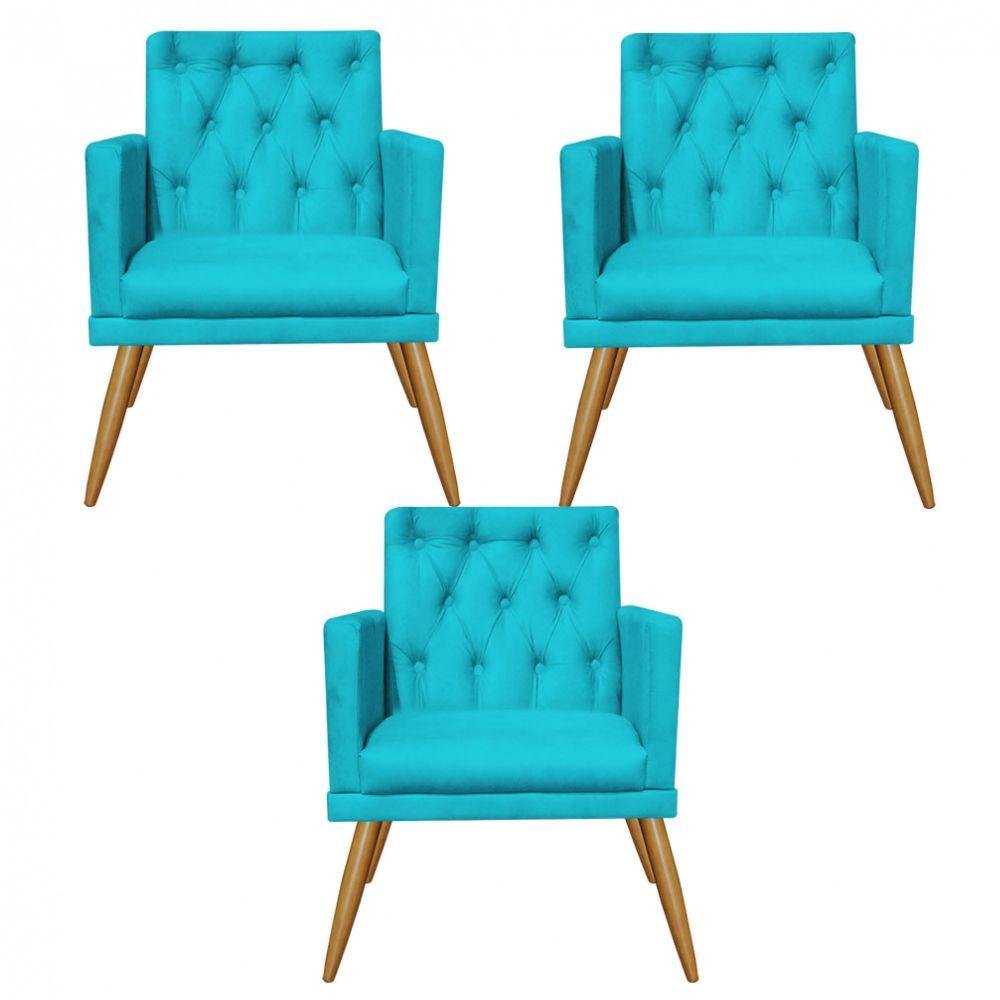 Kit 03 Poltronas Maria Capitonê Sala Recepção Suede Turquesa - Camicado