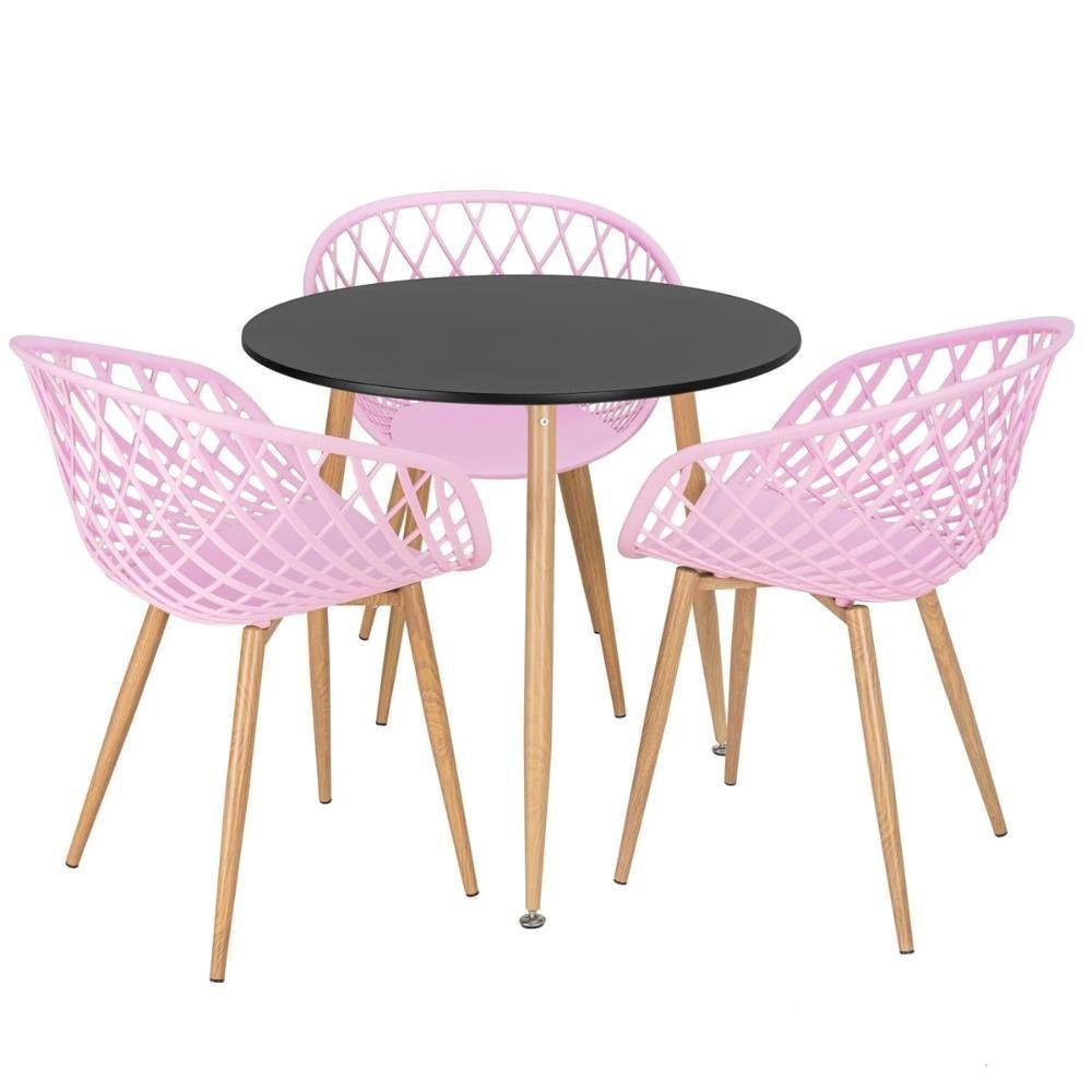 Mesa Redonda 80 Cm Preto + 3 Cadeiras Rosa Claro Rosa Claro - Camicado