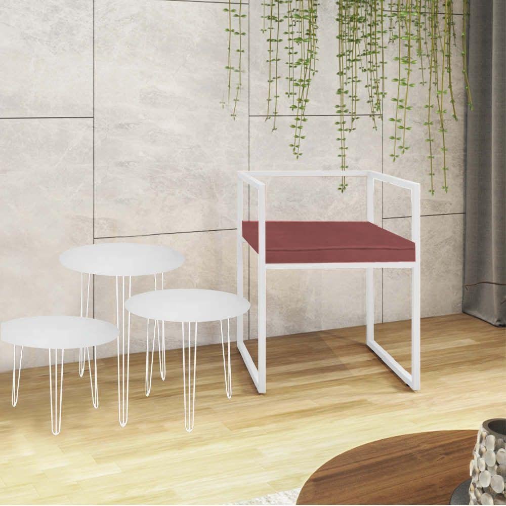 Kit Poltrona Cubo Com 2 Mesas Will Ferro Branco Tampo Redondo Rose ...