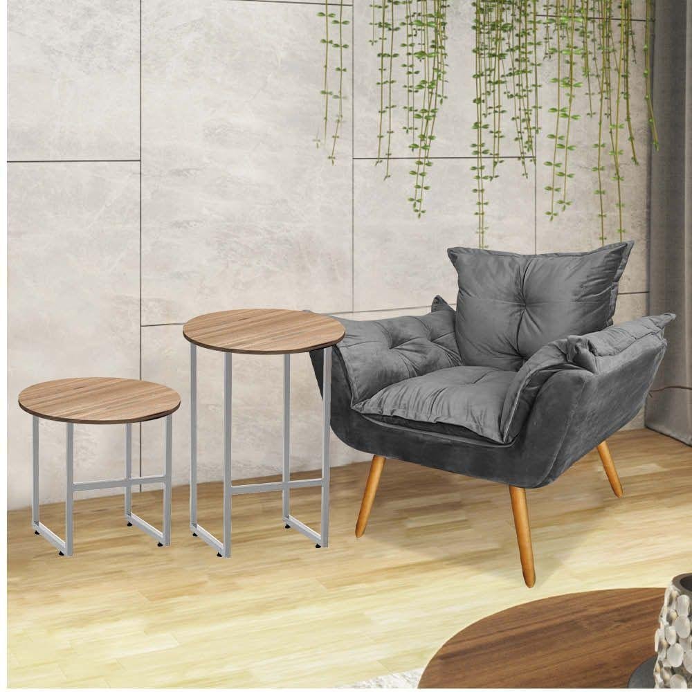 Kit Poltrona Opala Com 2 Mesas Will Ferro Cinza Tampo Redondo Castanho ...