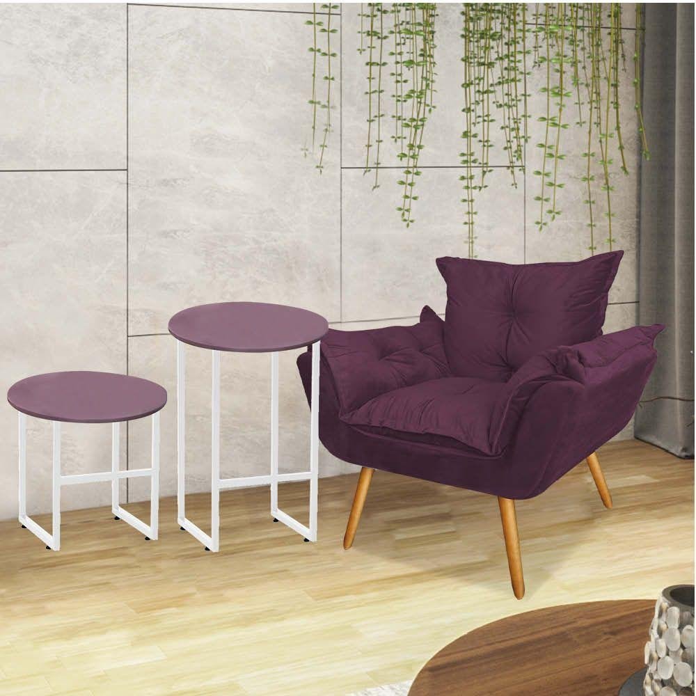 Kit Poltrona Opala Com 2 Mesas Will Ferro Branco Tampo Redondo Rose ...