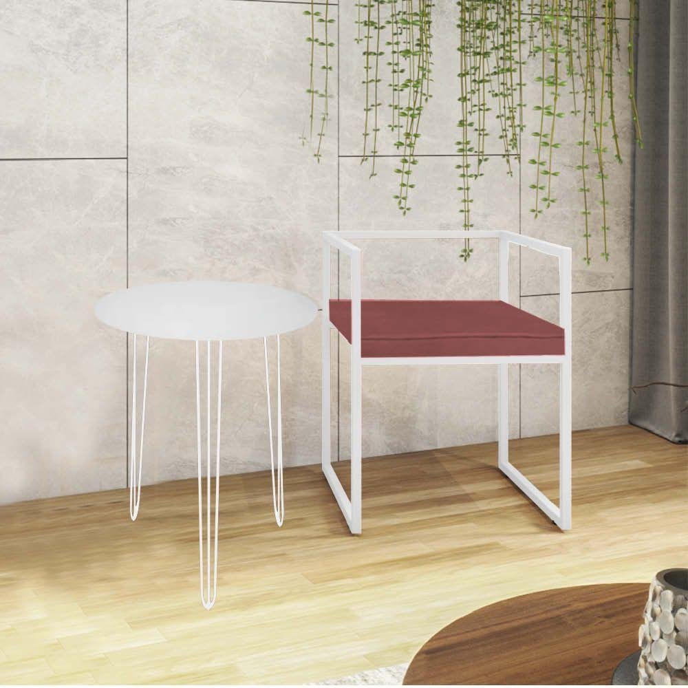 Kit Poltrona Cubo Com Mesa Will Ferro Branco Tampo Redondo Rose Suede ...