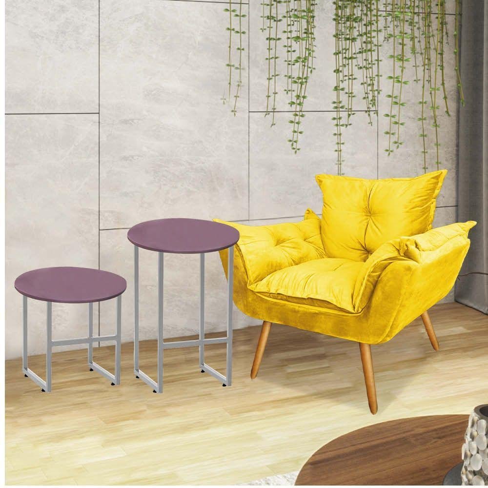 Kit Poltrona Opala Com 2 Mesas Will Ferro Cinza Tampo Redondo Rose ...