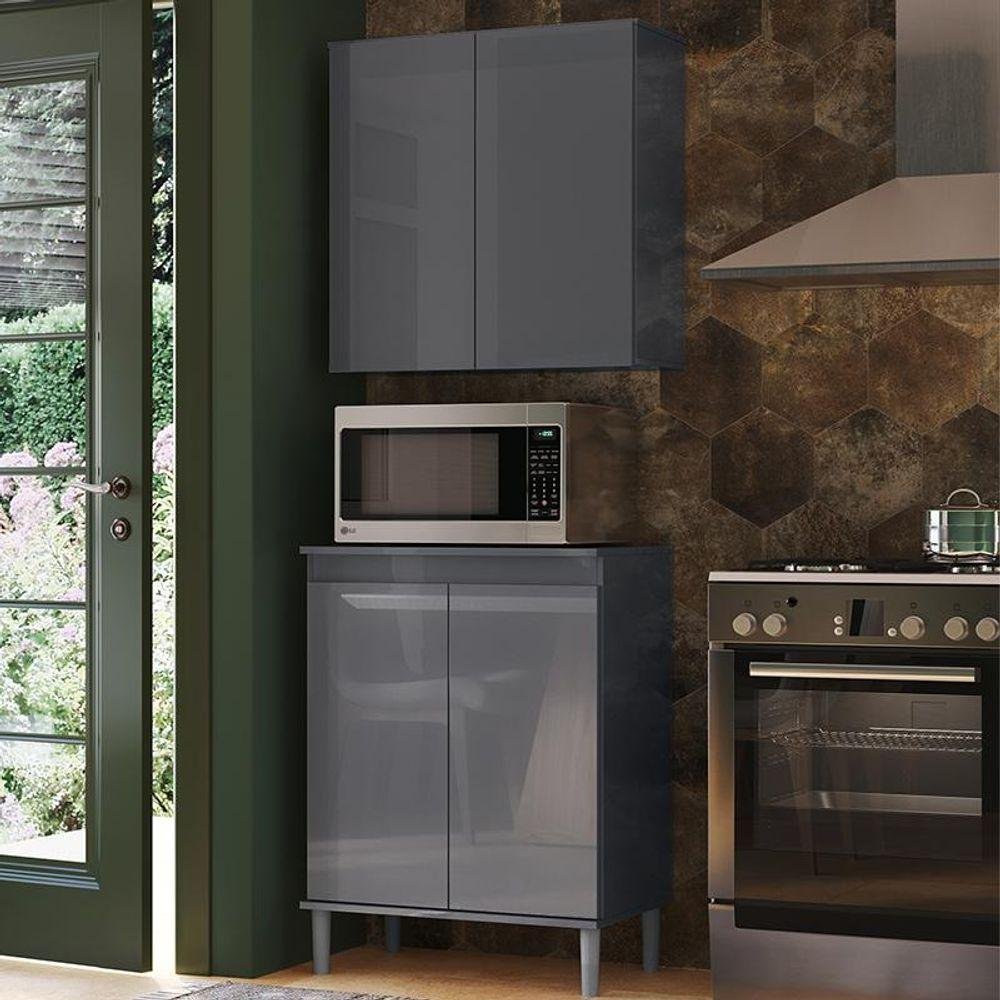 Conjunto Balcão Microondas Cozinha Armario 2 Portas Cinza Cinza - Camicado