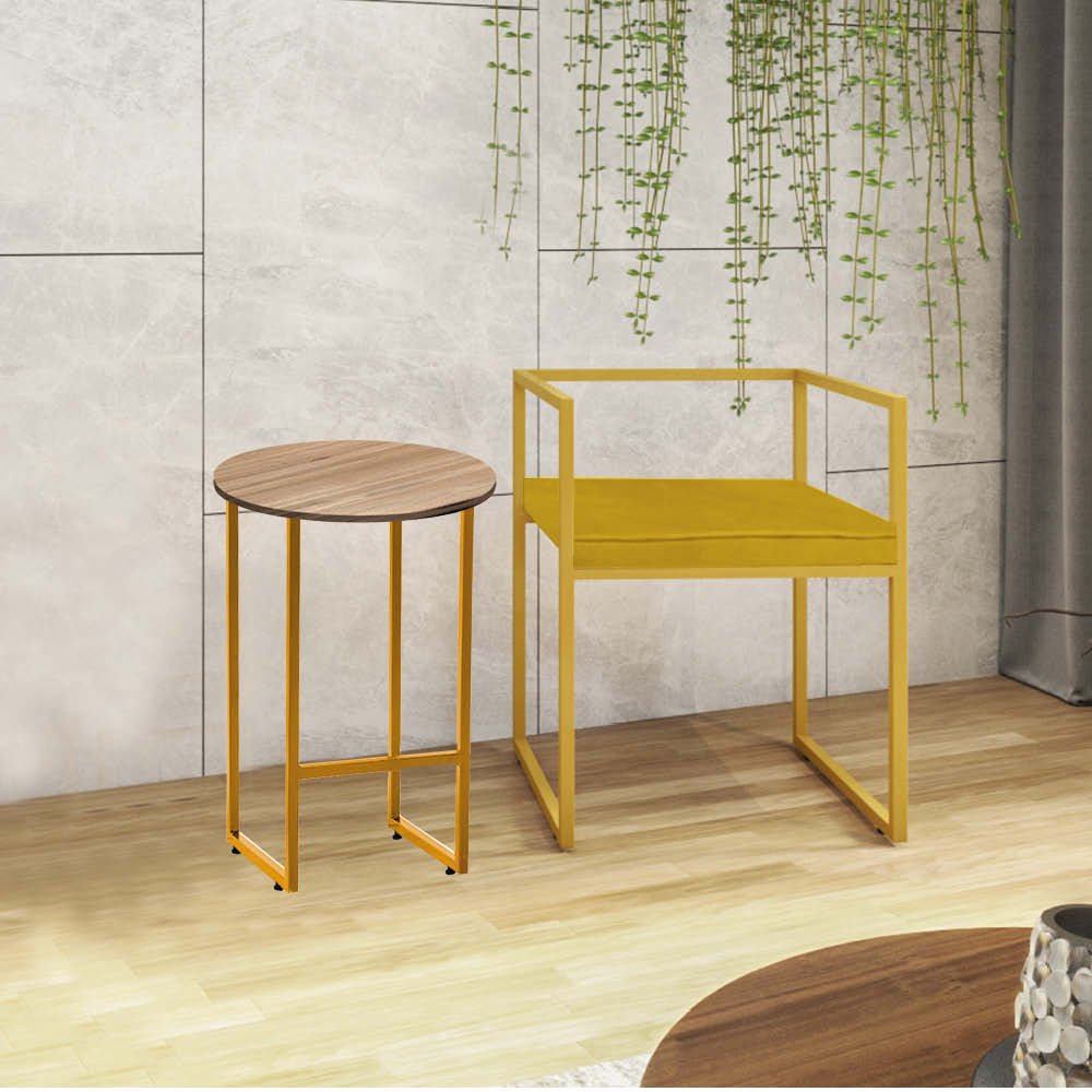 Kit Poltrona Cubo com Mesa Will Ferro Dourado Tampo Redondo Castanho ...