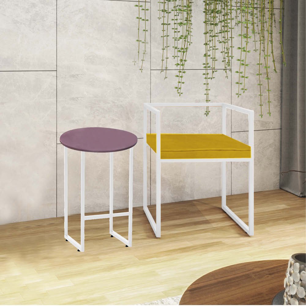Kit Poltrona Cubo com Mesa Will Ferro Branco Tampo Redondo Rose Suede ...