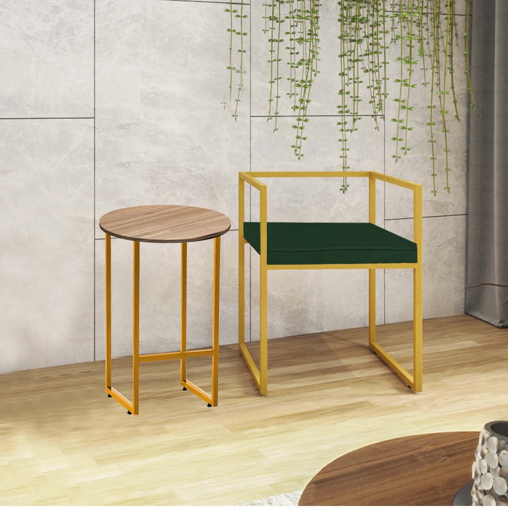 Kit Poltrona Cubo com Mesa Will Ferro Dourado Tampo Redondo Castanho ...