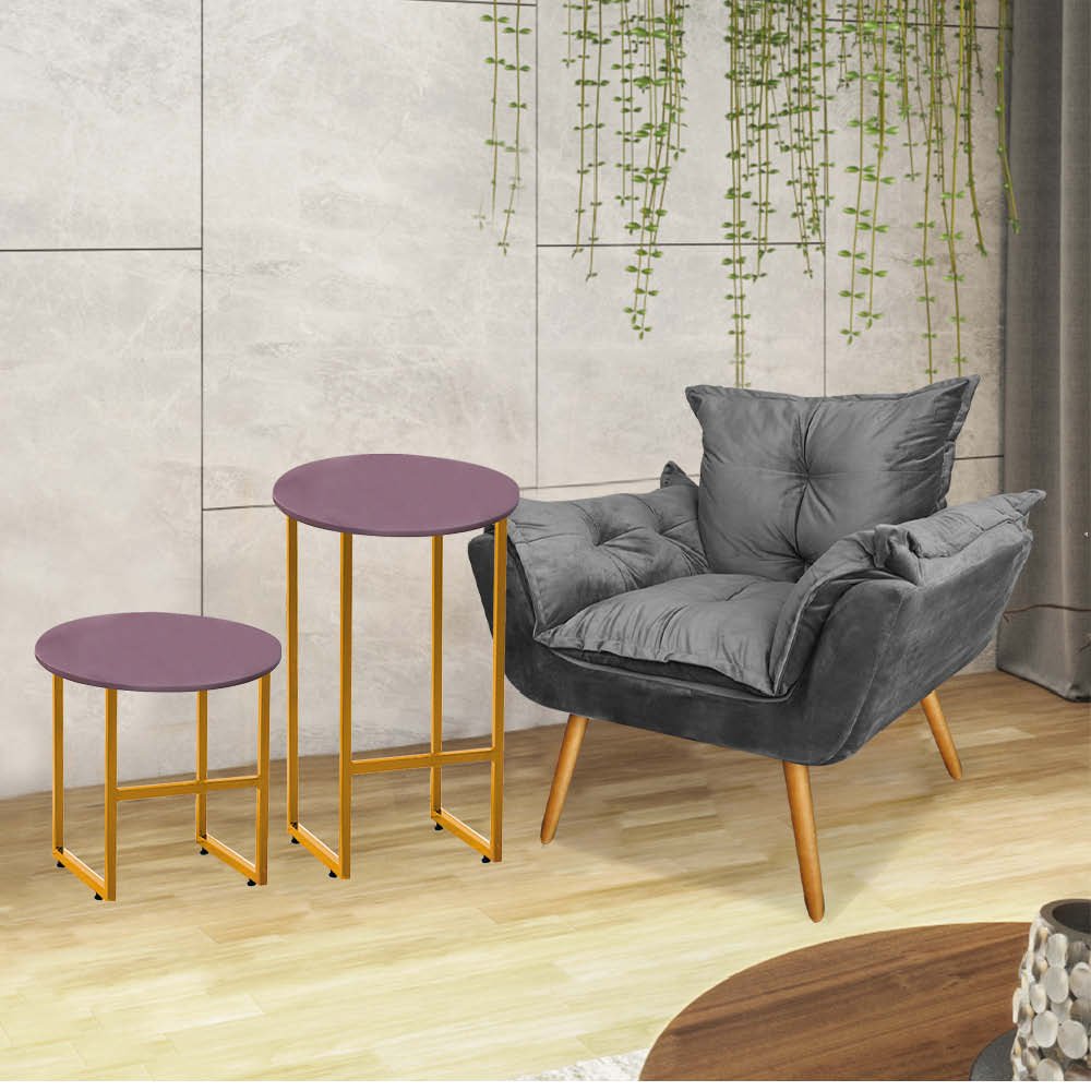 Kit Poltrona Opala com 2 Mesas Will Ferro Dourado Tampo Redondo Rose ...