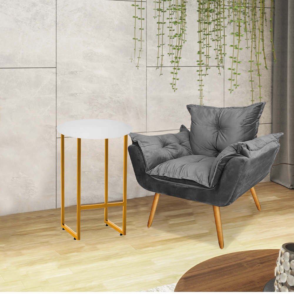 Kit Poltrona Opala com Mesa Will Ferro Dourado Tampo Redondo Branco ...