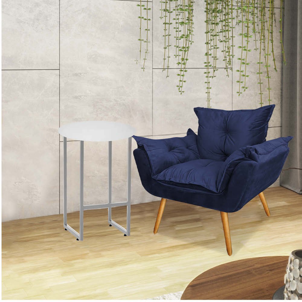 Kit Poltrona Opala com Mesa Will Ferro Prata Tampo Redondo Branco Suede ...