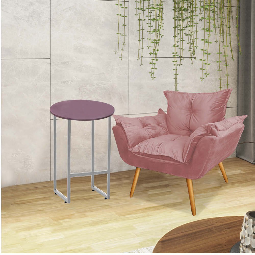 Kit Poltrona Opala com Mesa Will Ferro Prata Tampo Redondo Rose Suede ...
