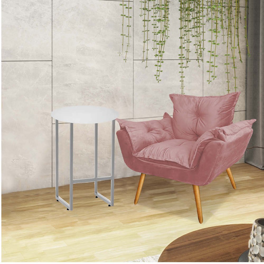 Kit Poltrona Opala com Mesa Will Ferro Prata Tampo Redondo Branco Suede ...