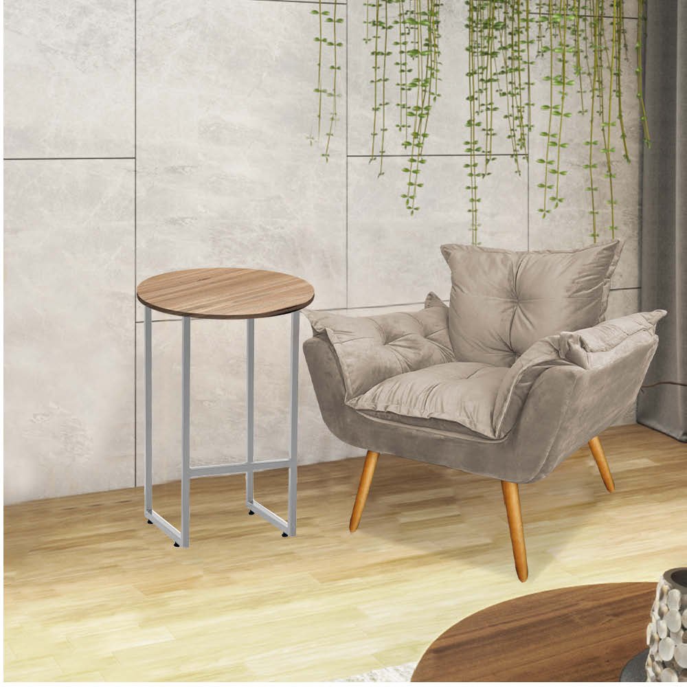 Kit Poltrona Opala com Mesa Will Ferro Prata Tampo Redondo Castanho ...