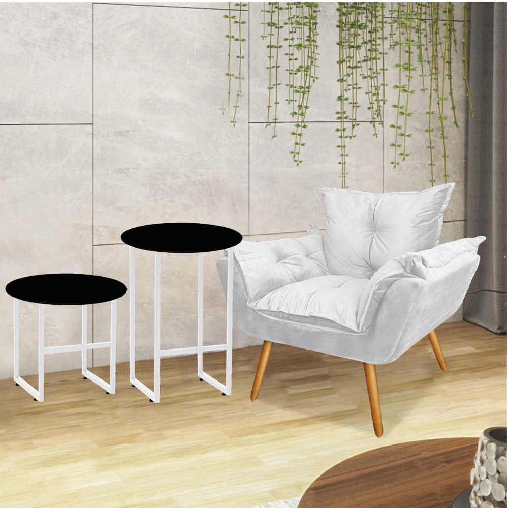 Kit Poltrona Opala com 2 Mesas Will Ferro Branco Tampo Redondo Preto ...