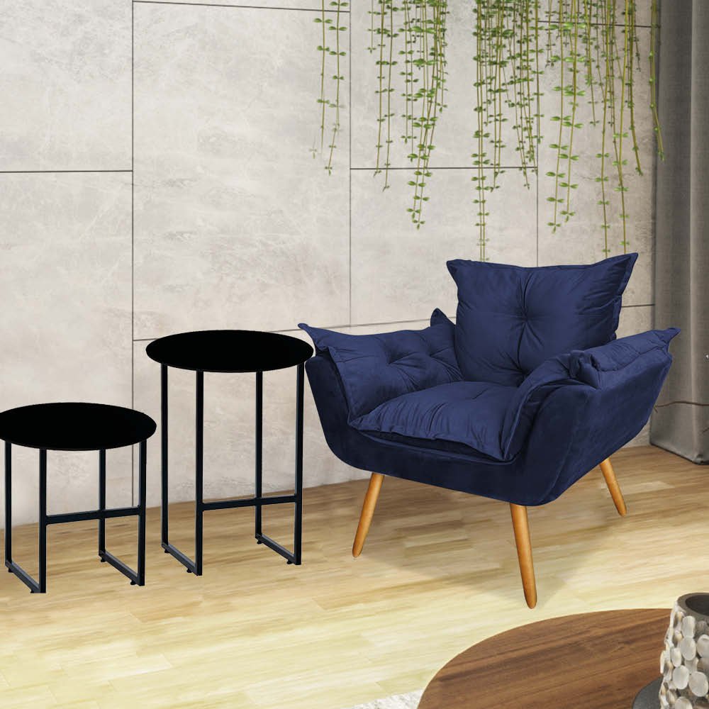 Kit Poltrona Opala com 2 Mesas Will Ferro Preto Tampo Redondo Preto ...