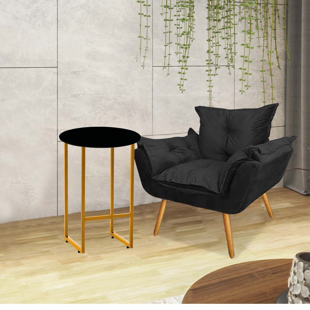 Kit Poltrona Opala com Mesa Will Ferro Dourado Tampo Redondo Preto ...
