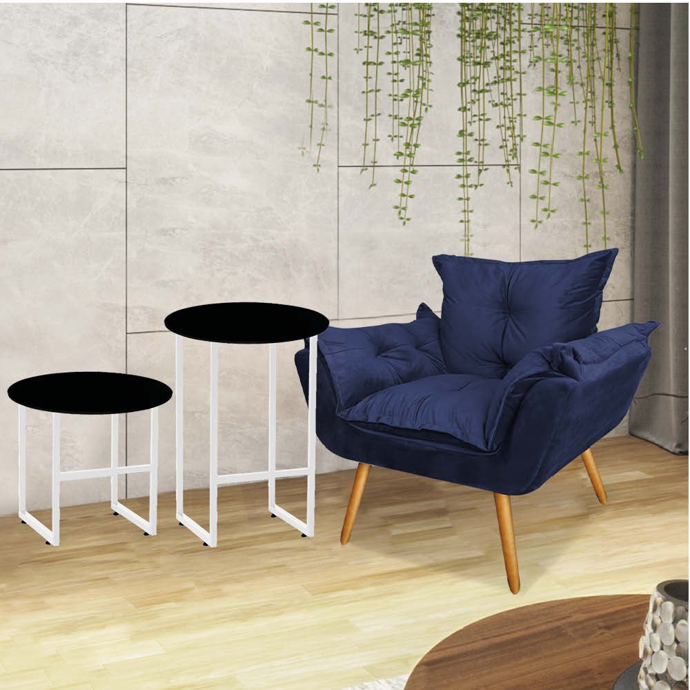 Kit Poltrona Opala com 2 Mesas Will Ferro Branco Tampo Redondo Preto ...