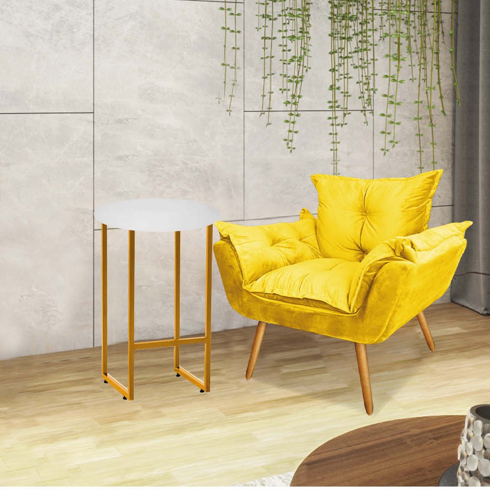 Kit Poltrona Opala com Mesa Will Ferro Dourado Tampo Redondo Branco ...