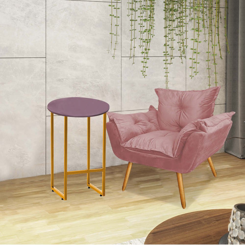 Kit Poltrona Opala com Mesa Will Ferro Dourado Tampo Redondo Rose Suede ...