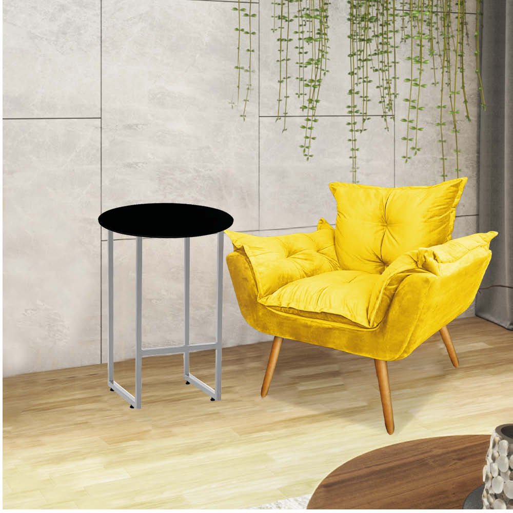 Kit Poltrona Opala com Mesa Will Ferro Cinza Tampo Redondo Preto Suede ...