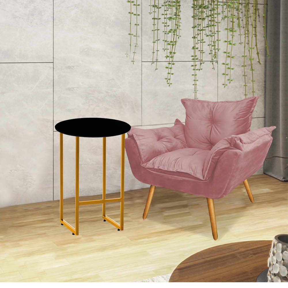 Kit Poltrona Opala com Mesa Will Ferro Dourado Tampo Redondo Preto ...