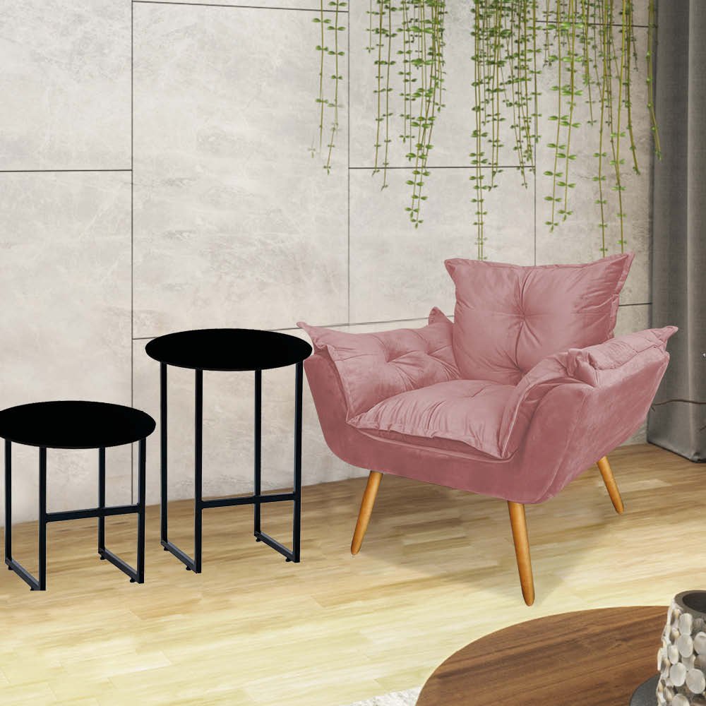 Kit Poltrona Opala com 2 Mesas Will Ferro Preto Tampo Redondo Preto ...