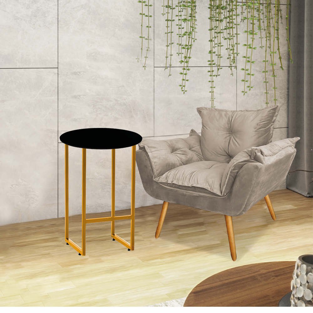 Kit Poltrona Opala com Mesa Will Ferro Dourado Tampo Redondo Preto ...