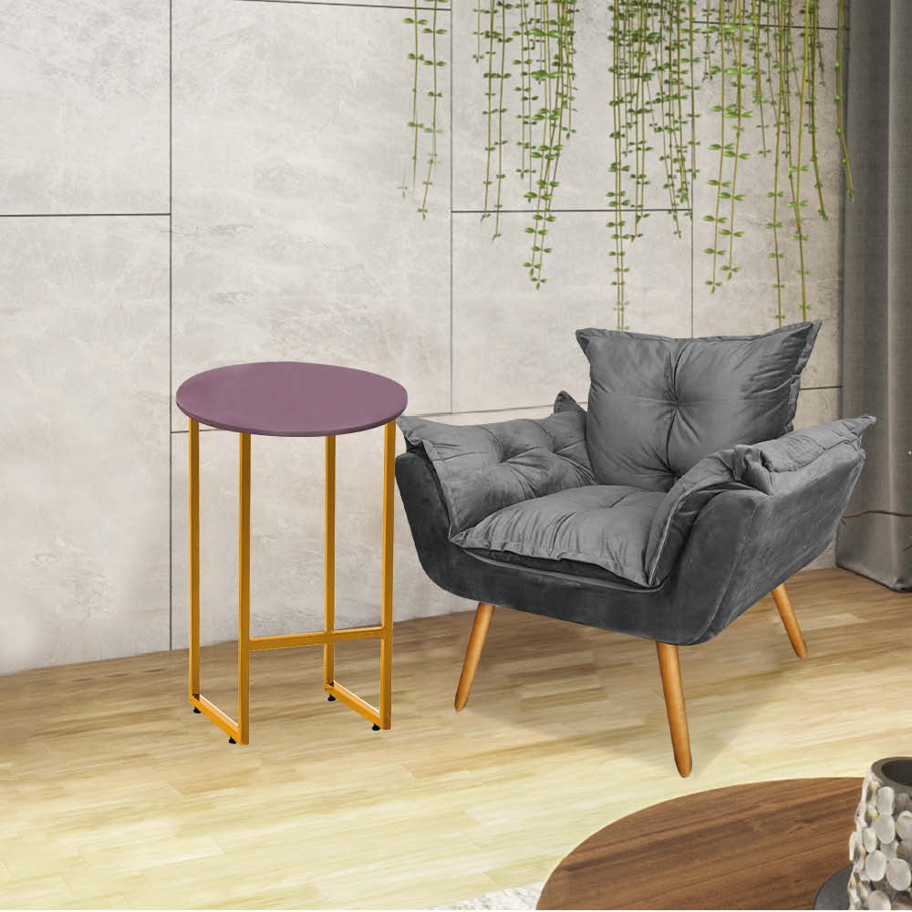Kit Poltrona Opala com Mesa Will Ferro Dourado Tampo Redondo Rose Suede ...