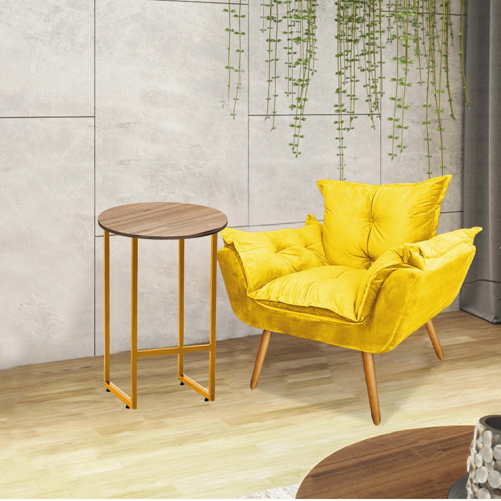 Kit Poltrona Opala com Mesa Will Ferro Dourado Tampo Redondo Castanho ...