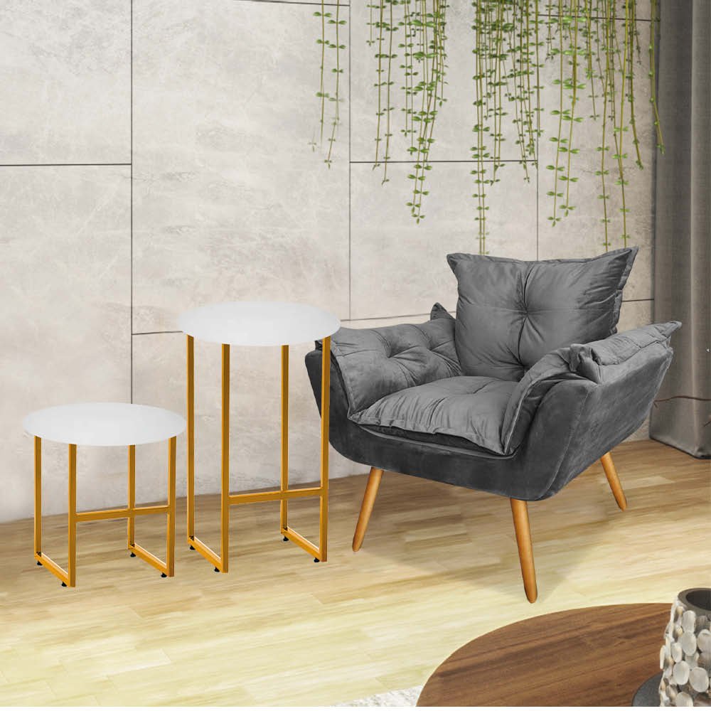 Kit Poltrona Opala com 2 Mesas Will Ferro Dourado Tampo Redondo Branco ...