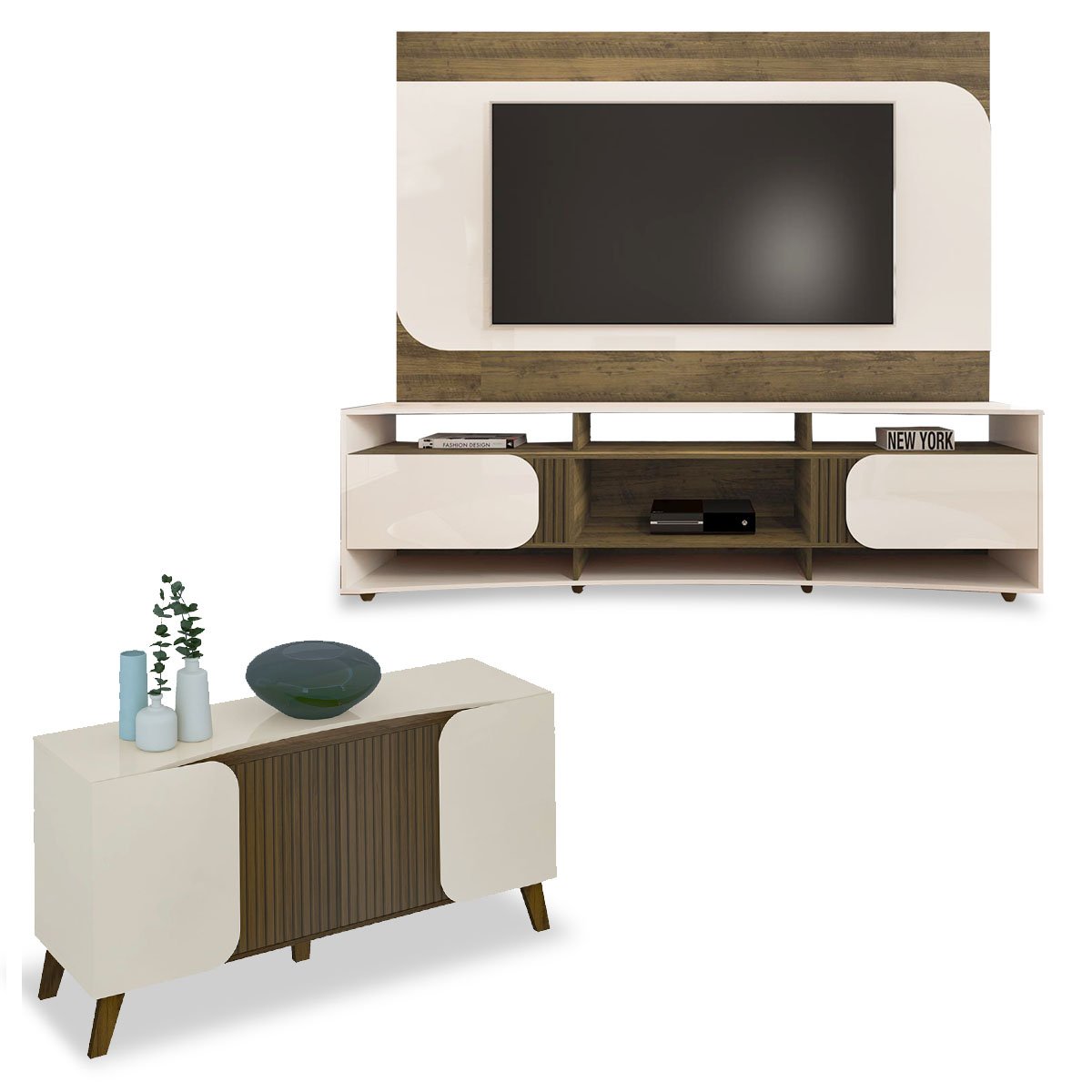 Conjunto Sala Rack c/ Painel p/ TV até 86", Buffet Aparador 4 Portas Pinho/Off White Elegance ...