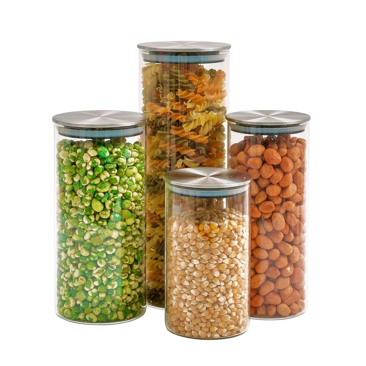 Kit 4 potes de vidro com tampa inox hermético redondo - Tud - Camicado