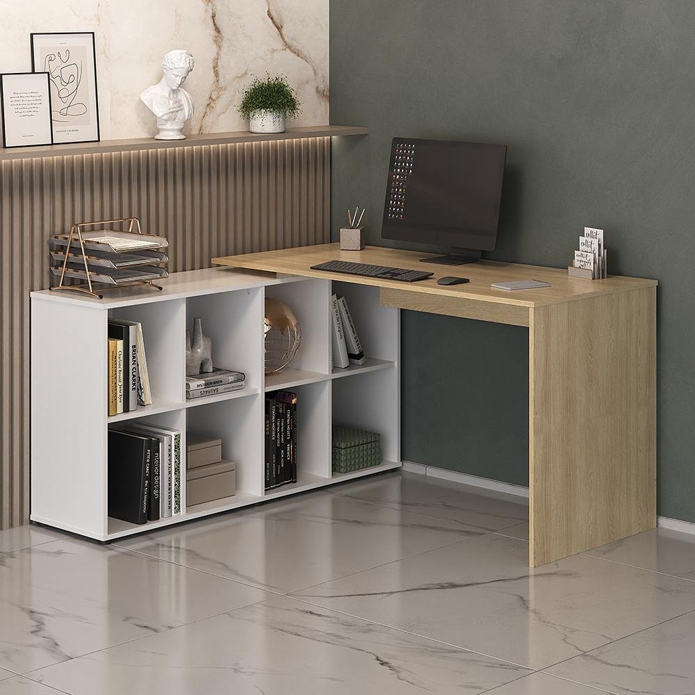 Mesa de Escritório em L 8 Nichos Dakota Carvalho Branco - Camicado