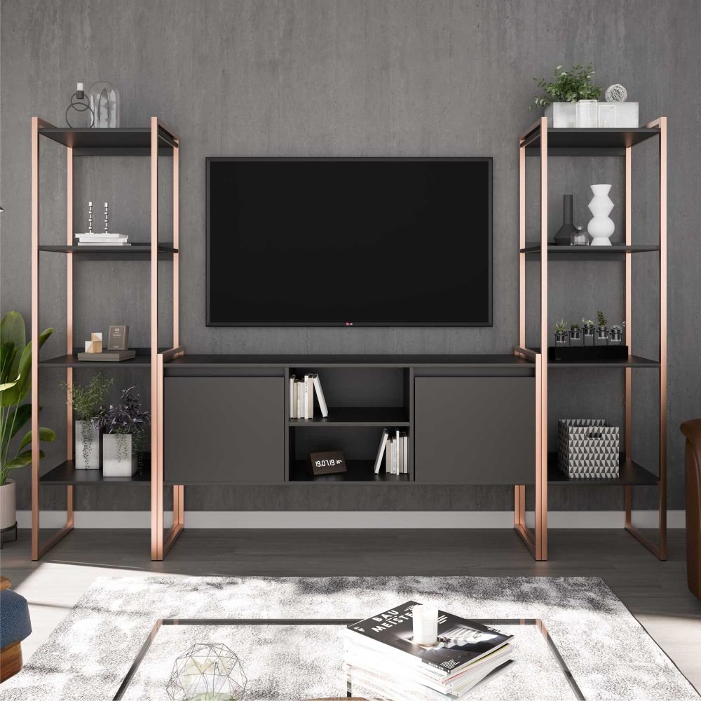 Rack com Estante 2 Portas Manila Preto Cobre - Camicado