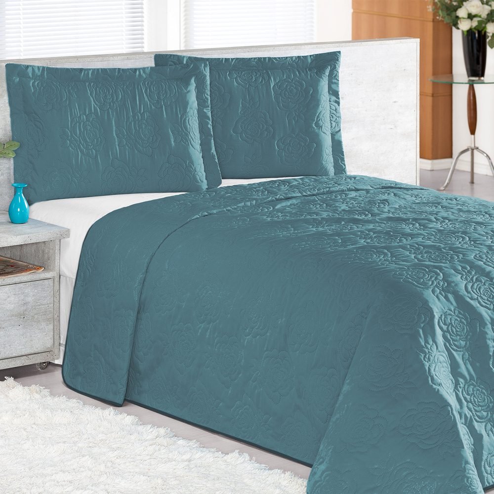 Cobre Leito Queen Clean Rosas Dupla Face 3 Peças - Azul Sky - Camicado