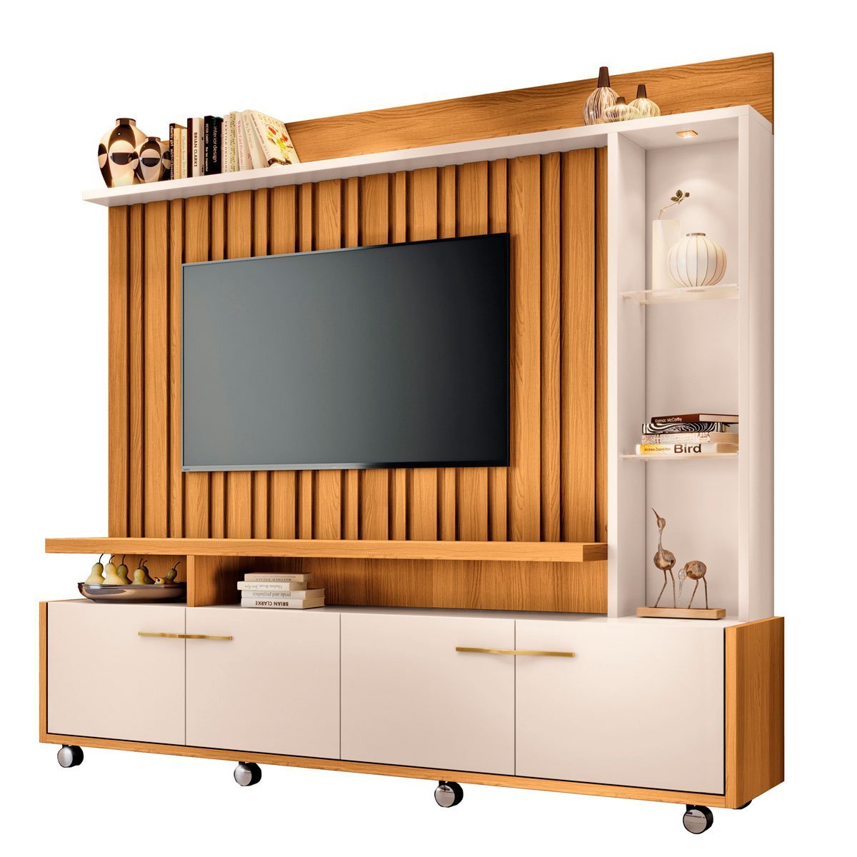 Home Theater para Tv até 60 Polegadas Ripado com Rodízios Lilian 4 Portas e Nicho Off White ...