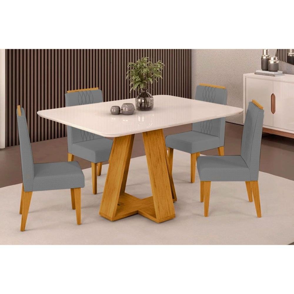 Sala de Jantar Completa Celeste Tampo Madeirado c/ Vidro Curvo 120x90cm e 4 Cadeiras Lia Cedro ...