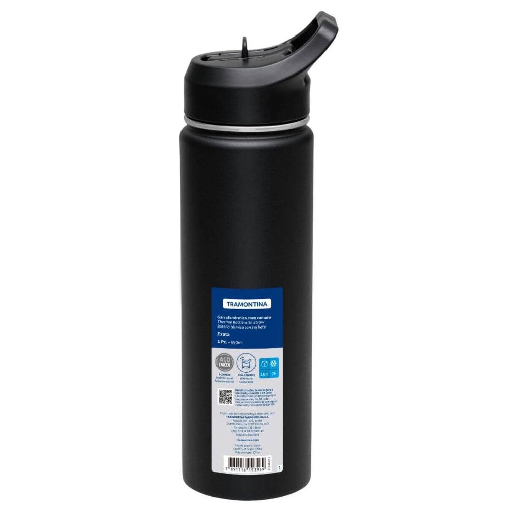 Garrafa Térmica com Canudo 650ml Preta Tramontina Squeeze Aço Parede ...