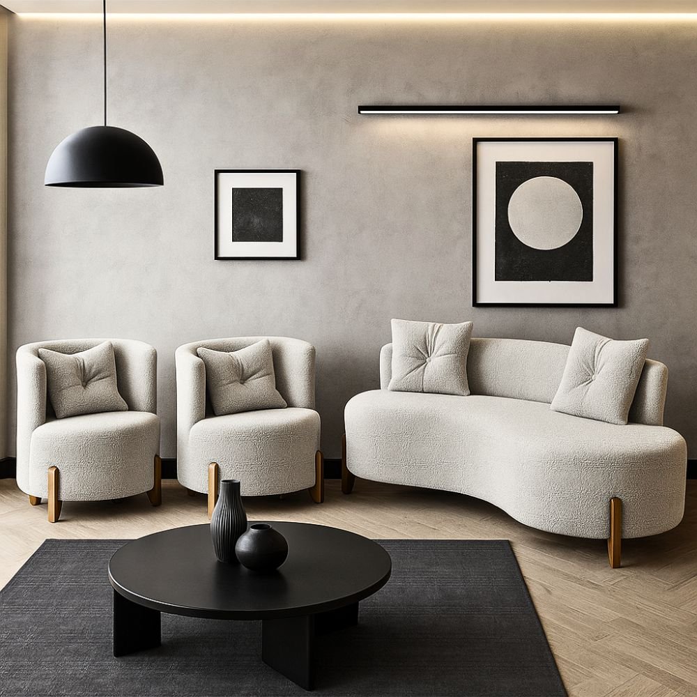 Conjunto 2 Poltronas + Sofá Curvo Orgânico Luna Boucle Cinza Claro Pés ...