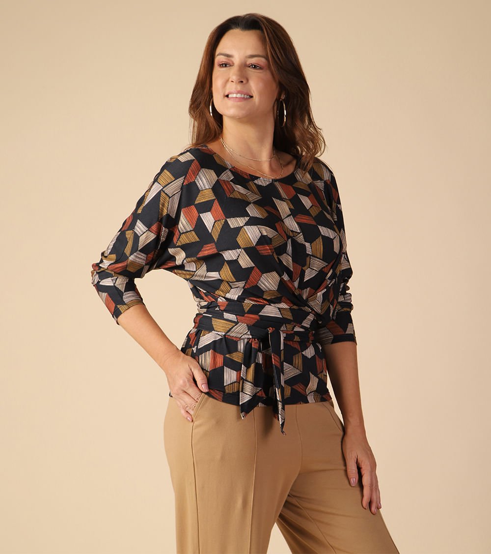 Blusa Manga ¾ com Cinto 22386 Multicores