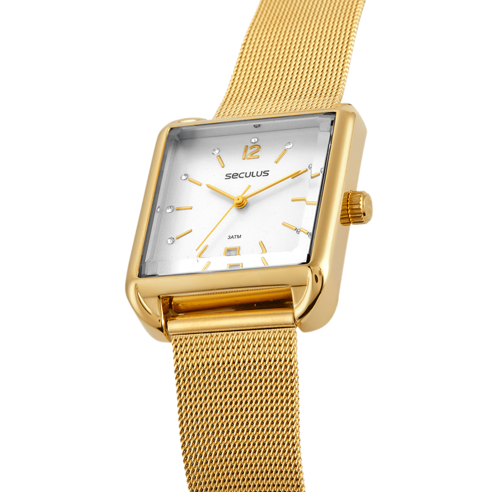 Relógio Feminino Quadrado Malha de Aço Dourado Dourado