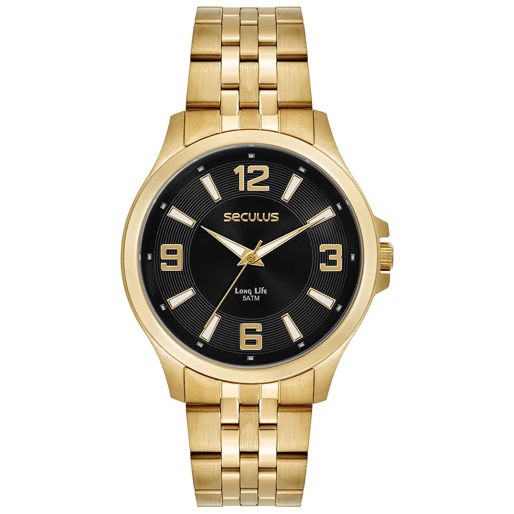 Relógio Masculino Analógico Aço Dourado Mostrador Preto Dourado