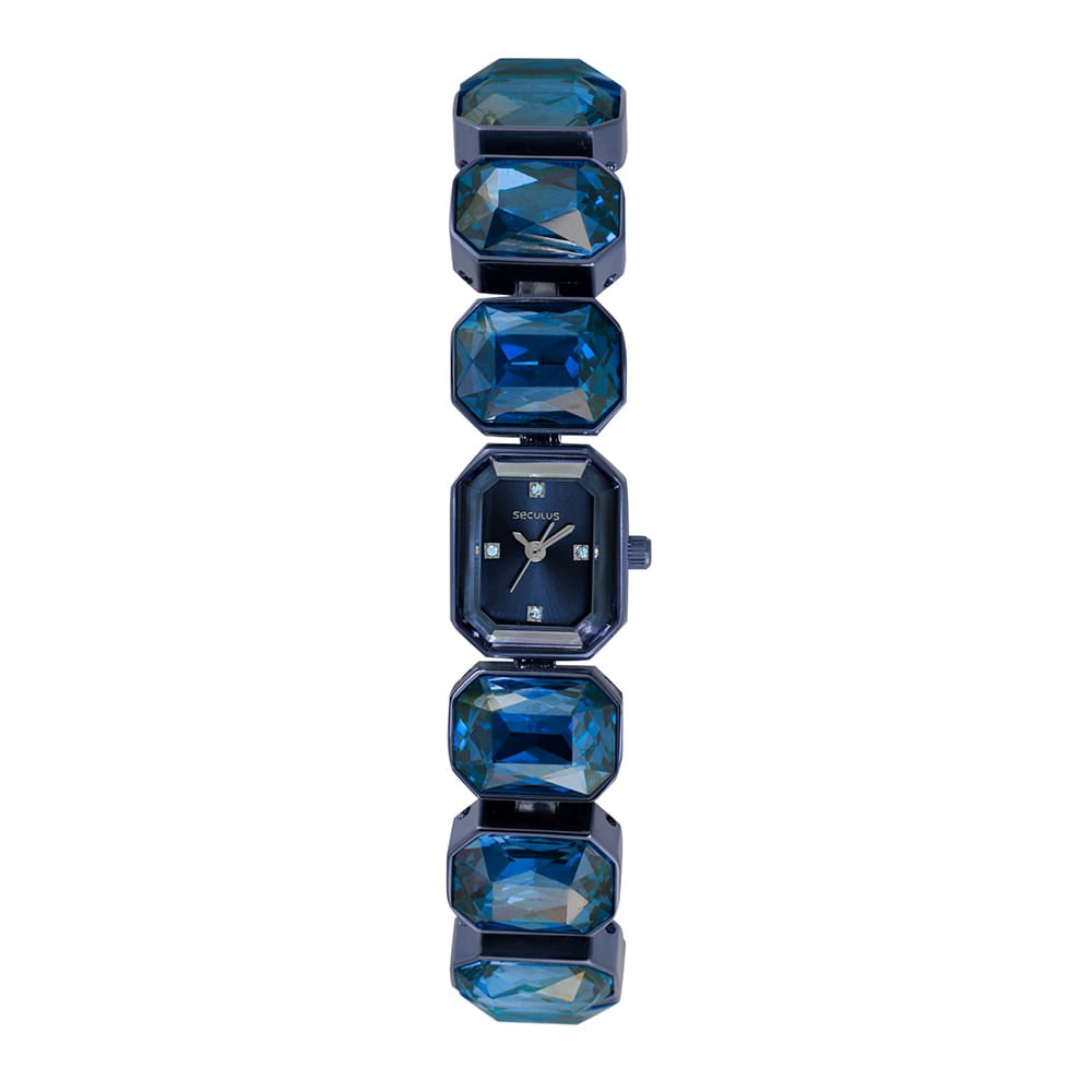 Relógio Feminino Azul Retangular Pulseira Pedras Facetadas Azul