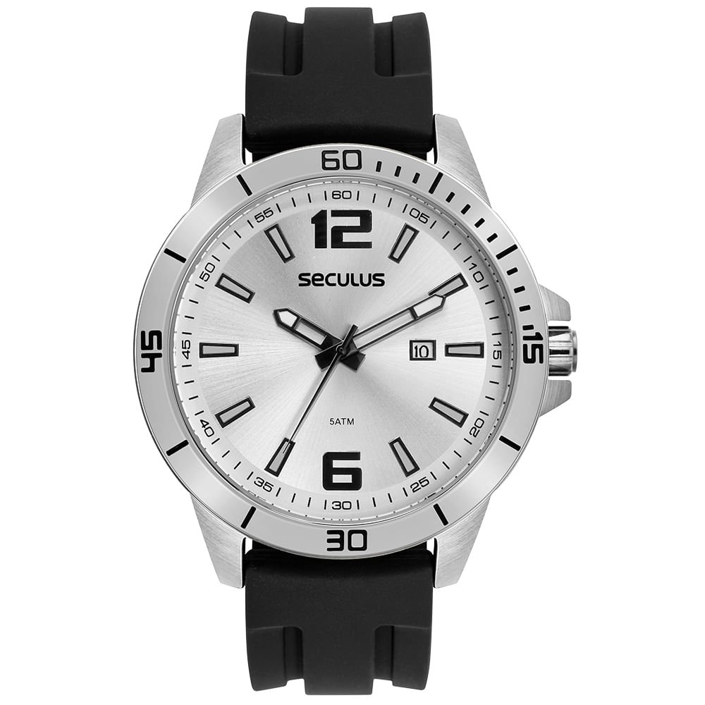 Relógio Masculino Prata Pulseira Silicone e Calendário Prata